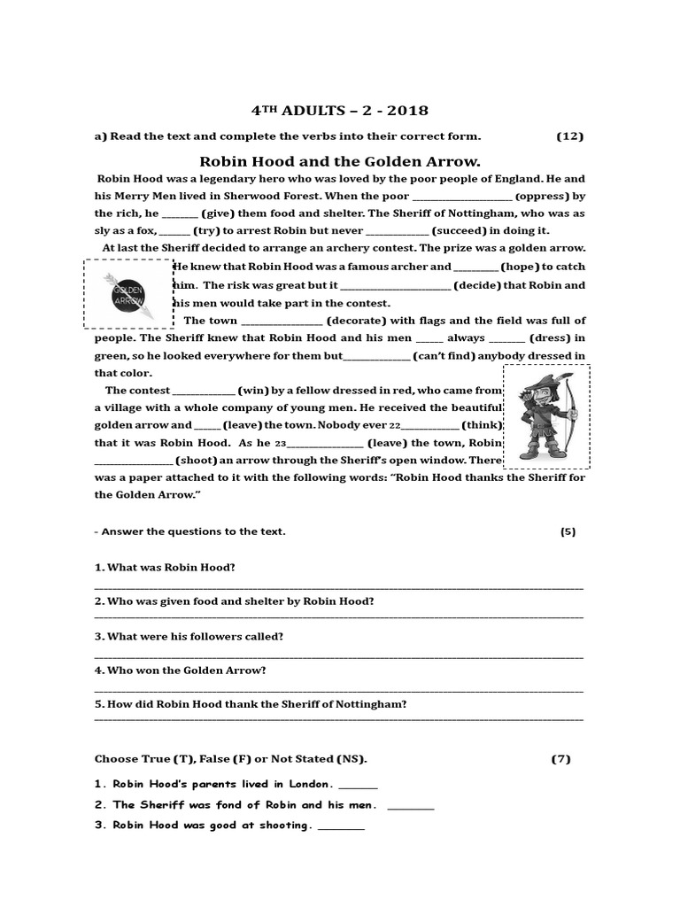 Robin Hood Verbs and Comprehension Exercises | PDF | Robin Hood | Archery
