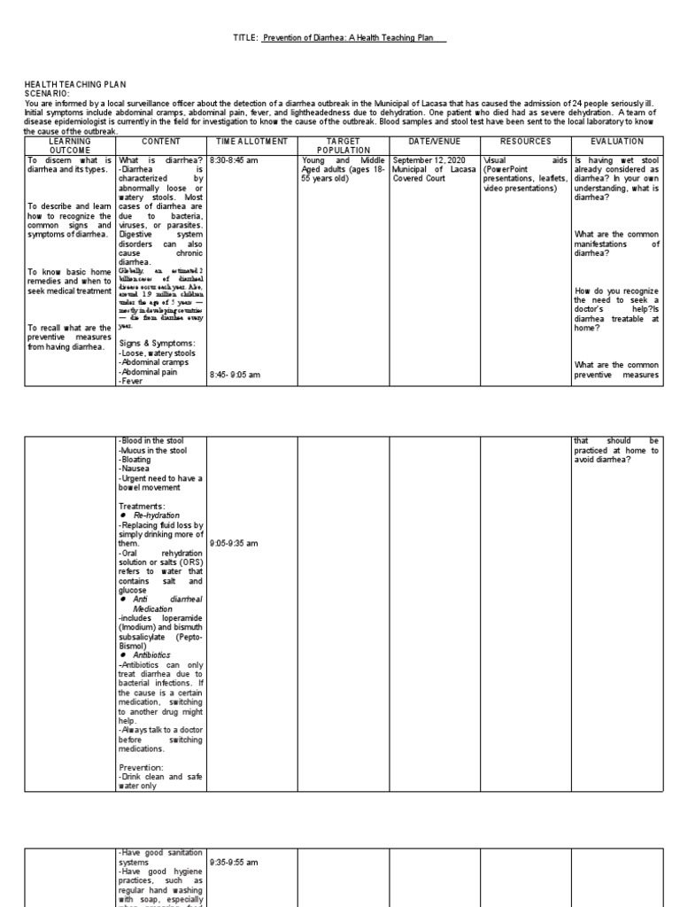 TITLE: Prevention of Diarrhea: A Health Teaching Plan | PDF | Diarrhea ...