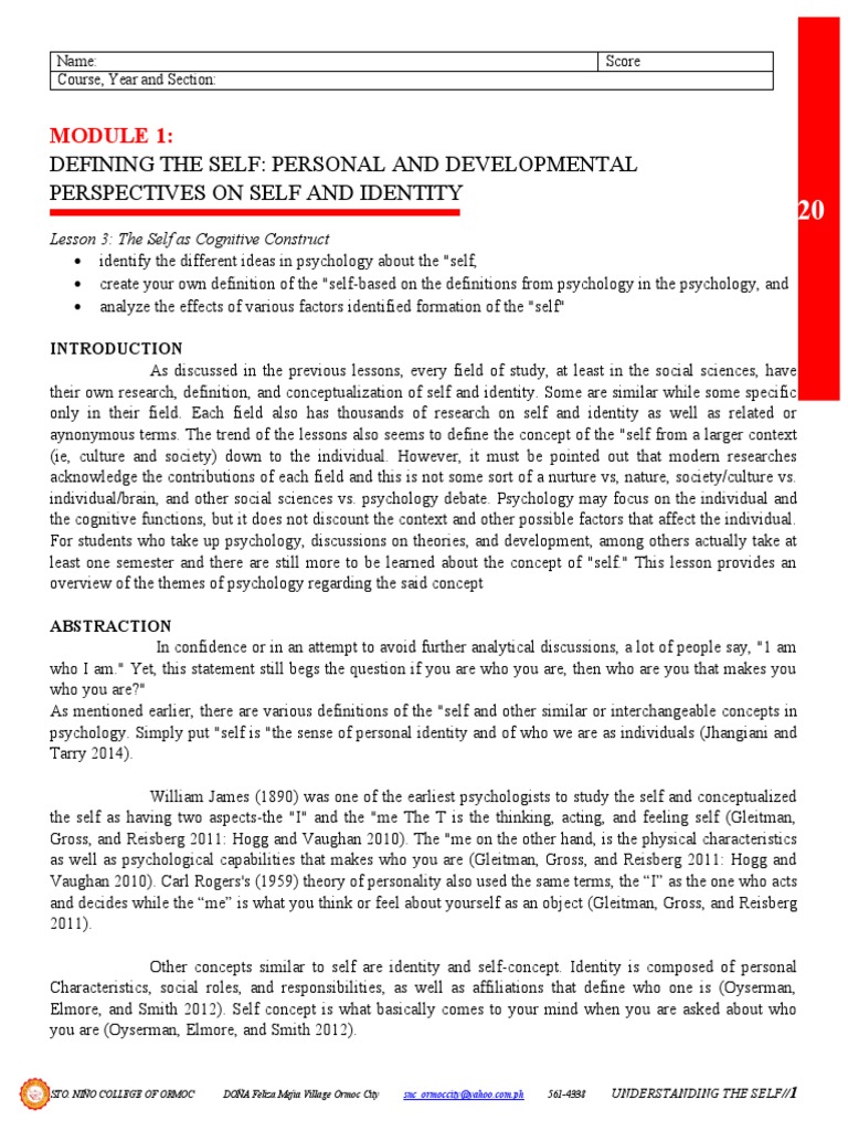 DUE: NOVEMBER 10, 2020: Defining The Self: Personal and Developmental ...