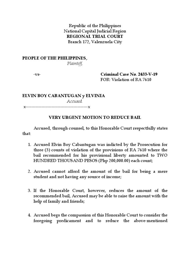 Motion To Reduce Bail | PDF | Bail | Prosecutor