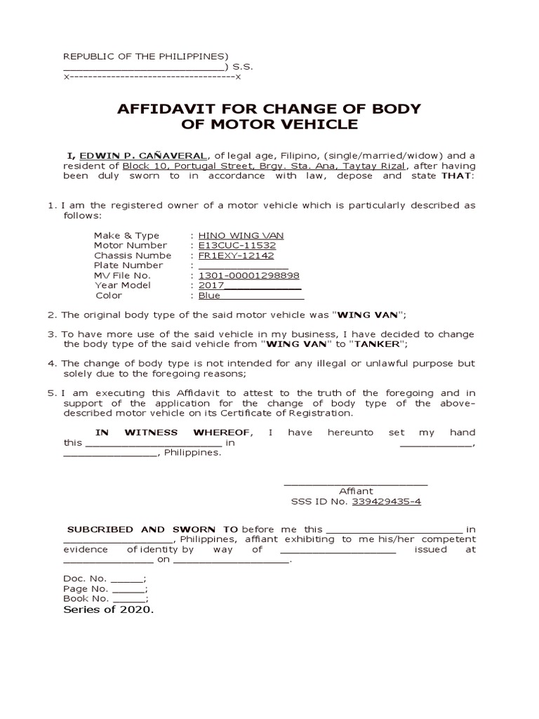 Affidavit For Change of Body of Motor Vehicle: Edwin P. Cañaveral | PDF ...