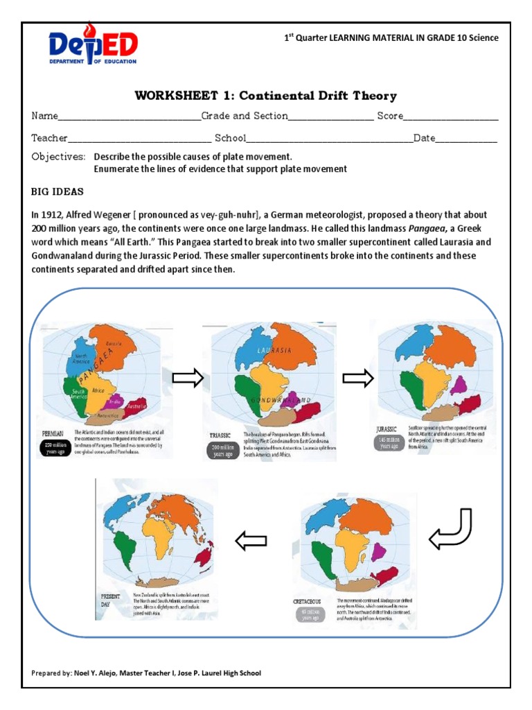 WORKSHEET 1: Continental Drift Theory: Objectives | PDF | Continent ...