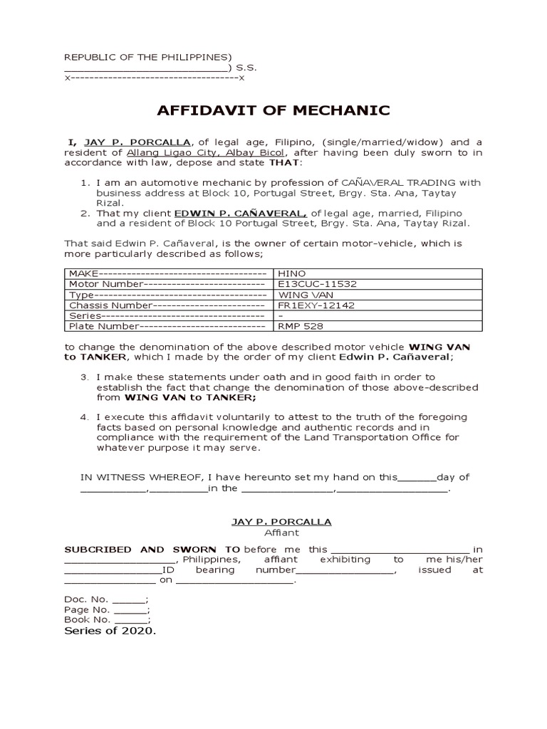 Affidavit Mechanic