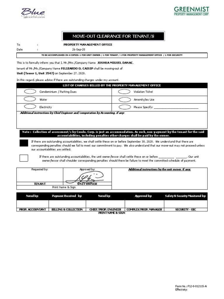Tenant Move-Out Clearance Form | PDF | Lease | Condominium