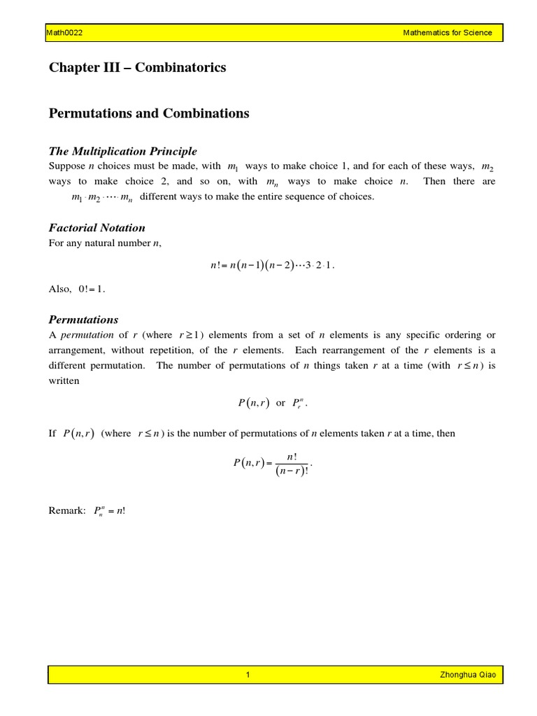 Chapter Iii Combinatorics The Multiplication Principle Pdf Permutation Discrete Mathematics
