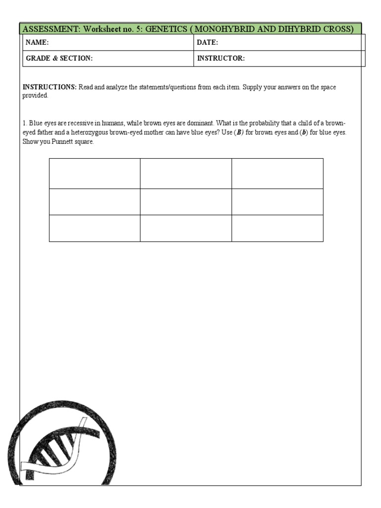 Assessment: Worksheet No. 5: Genetics (Monohybrid and Dihybrid Cross) | PDF