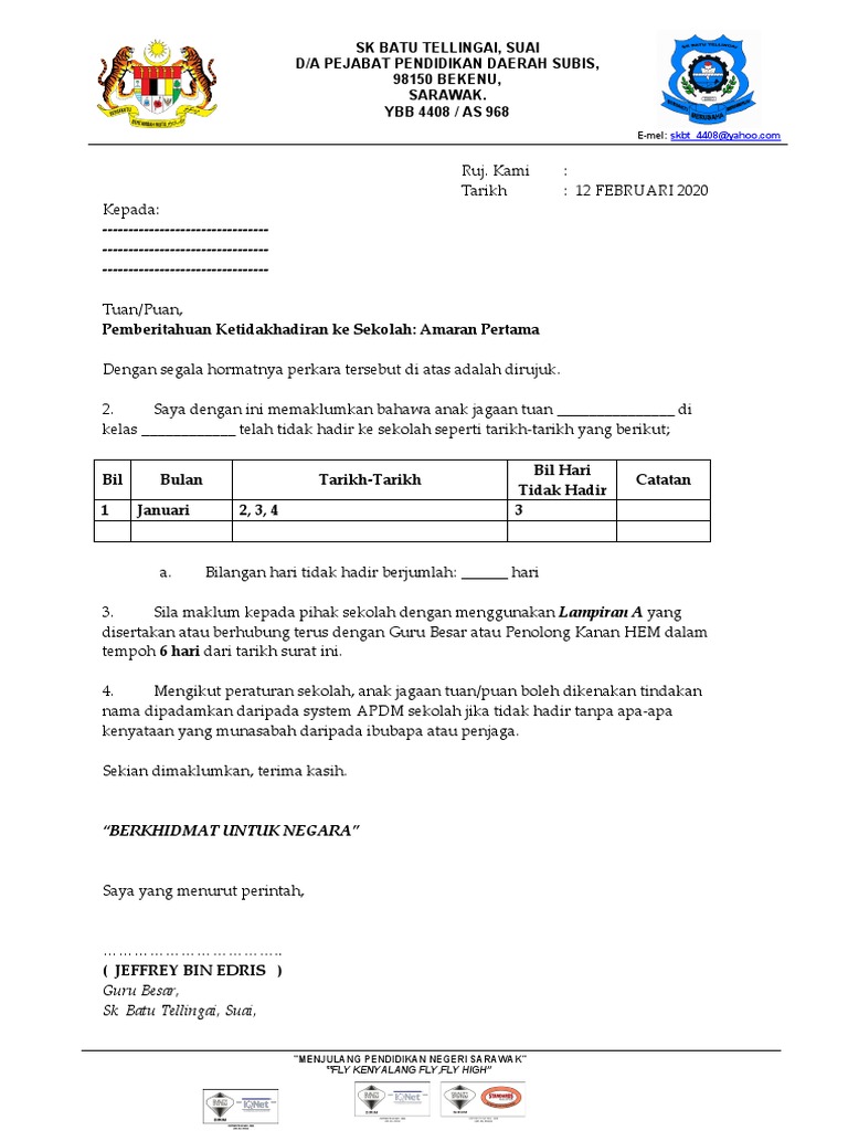 Surat Amaran Ponteng Sekolah | PDF