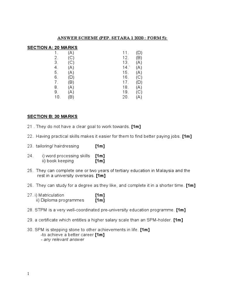 Answer Scheme (Pep. Setara 1 2020: Form 5) : Section A: 20 Marks | PDF ...