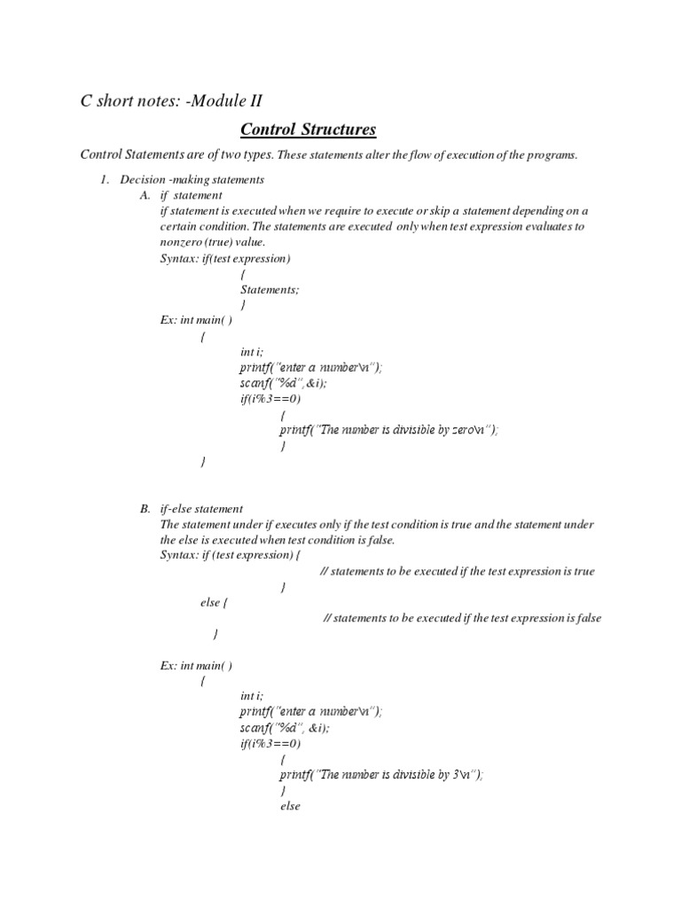 C Short notes-MODULEII-2 | PDF | Control Flow | Software Development