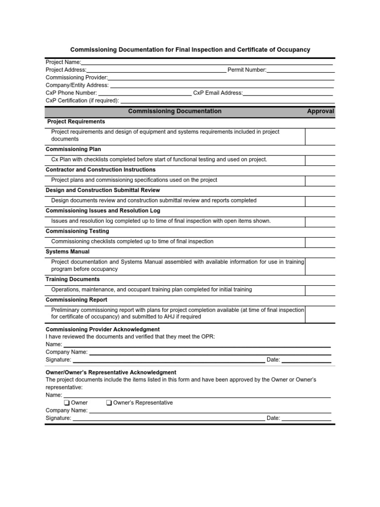 Commissioning Documentation For Final Inspection and Certificate of ...