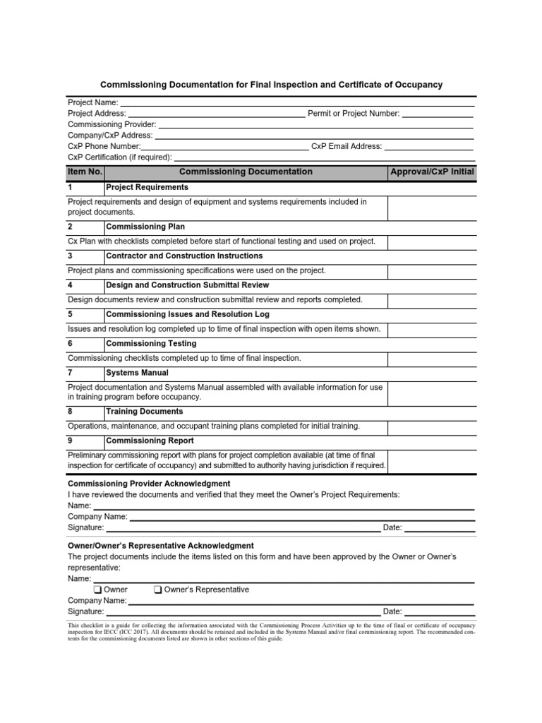 Commissioning Documentation For Final Inspection and Certificate of ...