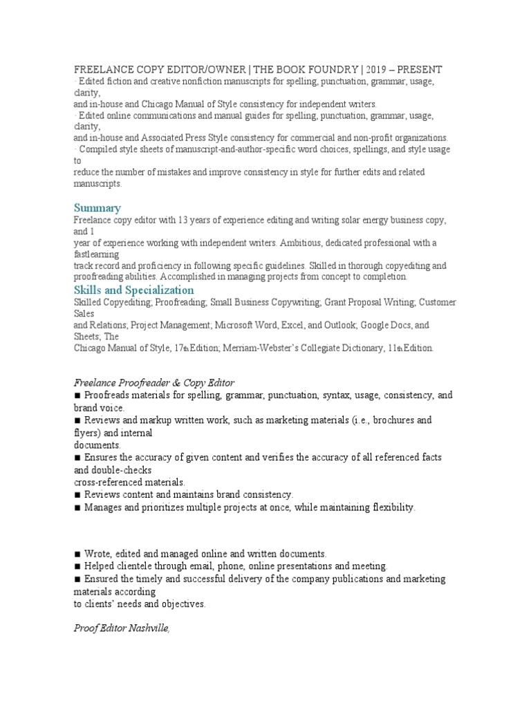 Freelance Copy Editor/Owner - The Book Foundry - 2019 - Present ...