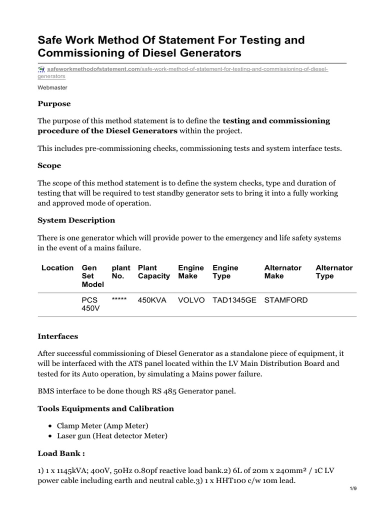 Safe Work Method Of Statement For Testing And Commissioning Of Diesel