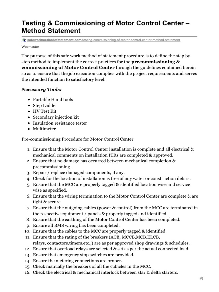 Testing and Commissioning of Motor Control Center Method Statement ...