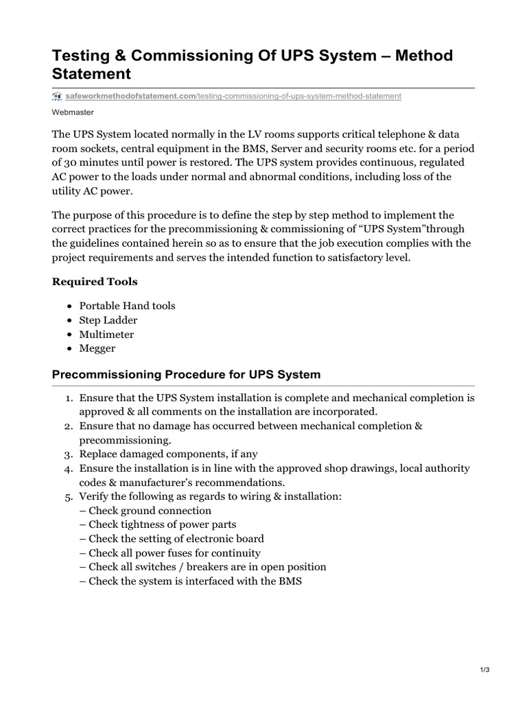 Testing And Commissioning Of Ups System Method Statement Pdf Power