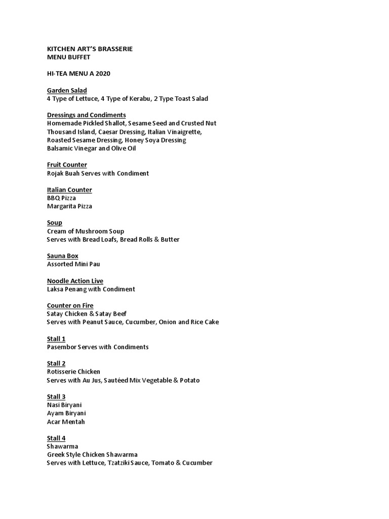 Kitchen Art'S Brasserie: Menu Buffet Hi-Tea Menu A 2020 Garden Salad ...
