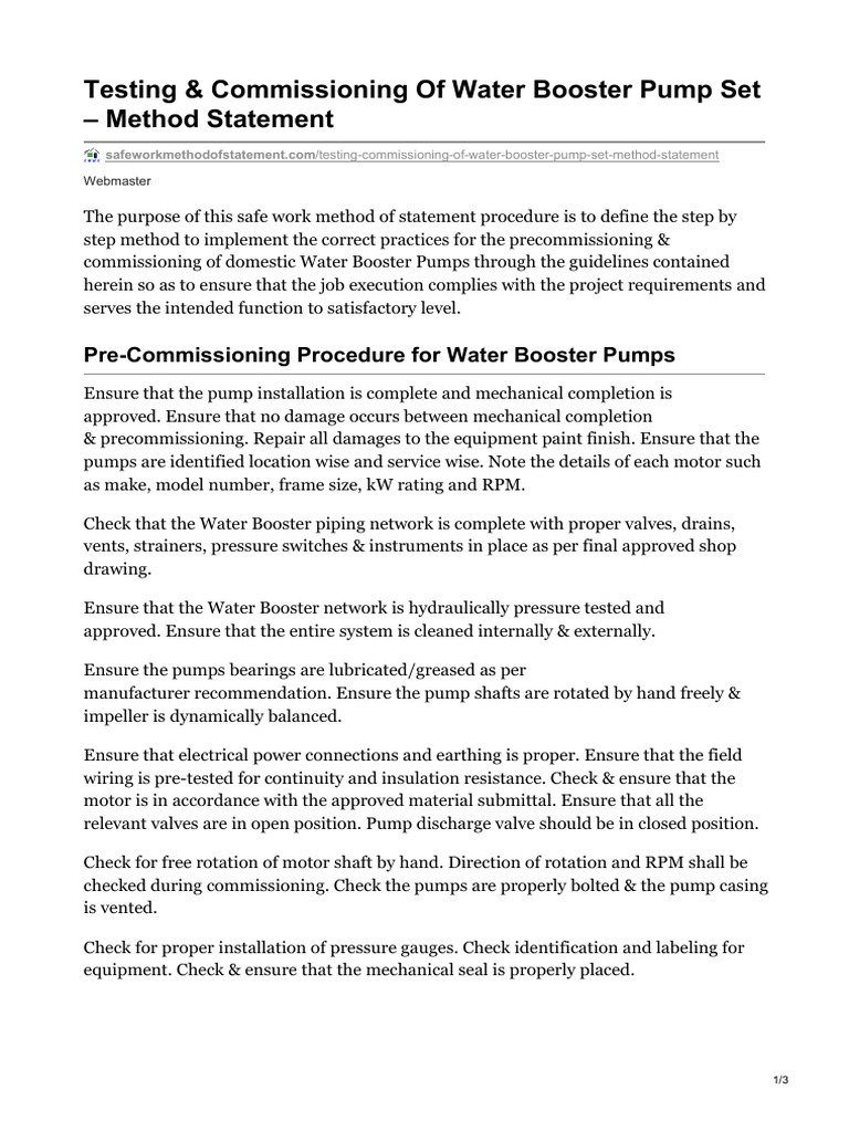 Testing and Commissioning of Water Booster Pump Set Method Statement ...
