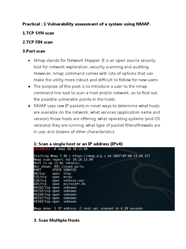 Practical: 1 Vulnerability Assessment of A System Using NMAP. 1.TCP SYN ...