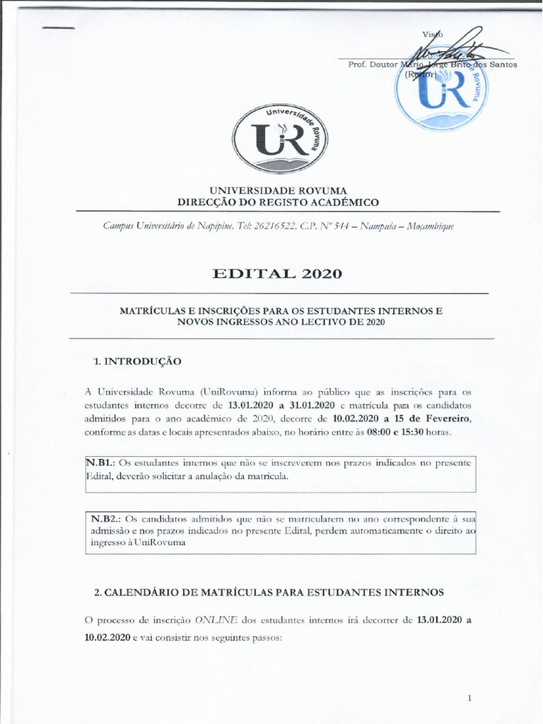 Inscrições e Matrículas UniRovuma 2026 | PDF | Pós-graduação | Mestrado
