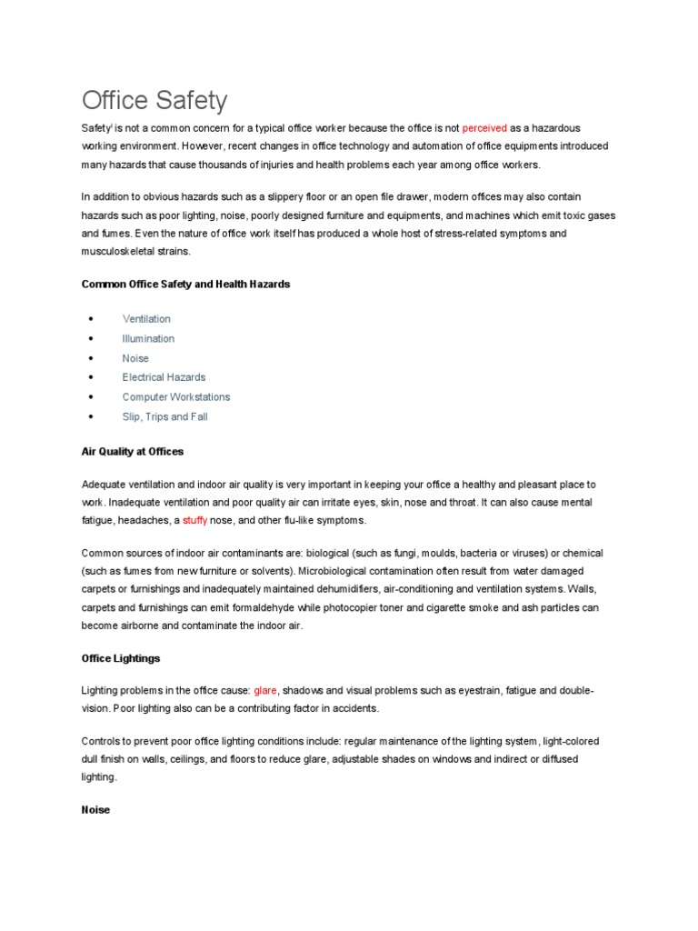 Office Safety | PDF | Ventilation (Architecture) | Lighting