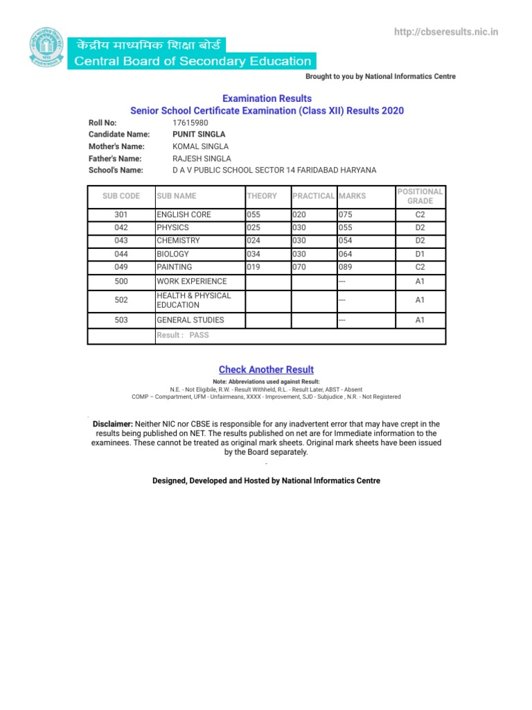 CBSE - Senior School Certificate Examination Class XII Results 2020 PDF ...
