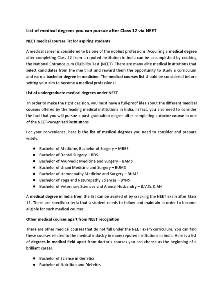 List of Medical Degrees You Can Pursue After Class 12 Via NEET | PDF ...