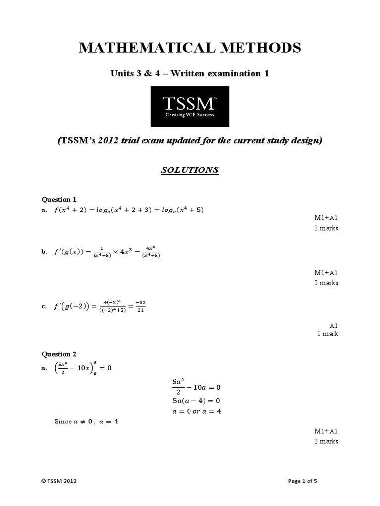 (VCE Methods) 2012-16 TSSM Unit 34 Exam 1 Solutions PDF | PDF ...