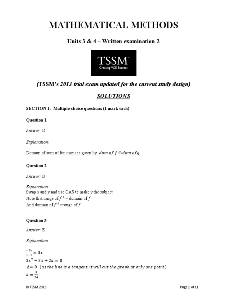 (VCE Methods) 2013-16 TSSM Unit 34 Exam 2 Solutions | Download Free PDF ...