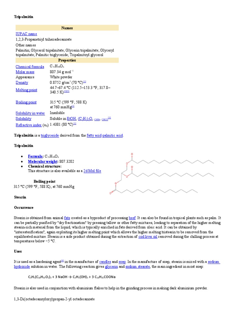 Tripalmitin Names: Formula Molecular Weight | PDF | Triglyceride | Fat