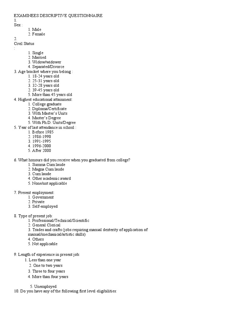 Examinees Descriptive Questionnaire | PDF | Civil And Political Rights ...