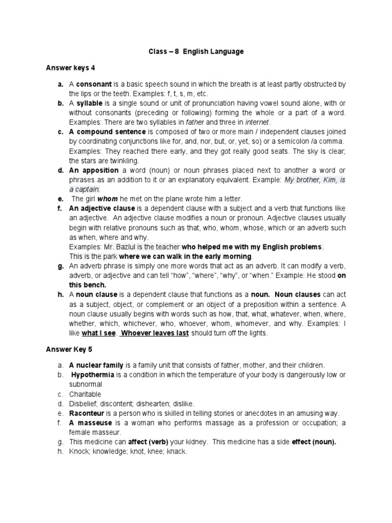 Answer Keys Class 8 | PDF | Adjective | Adverb