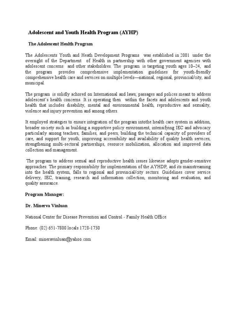 Adolescent and Youth Health Program (AYHP) | PDF | Vitamin A | Tobacco ...