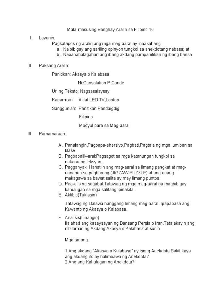 Banghay Aralin Sa Filipino 10 | PDF