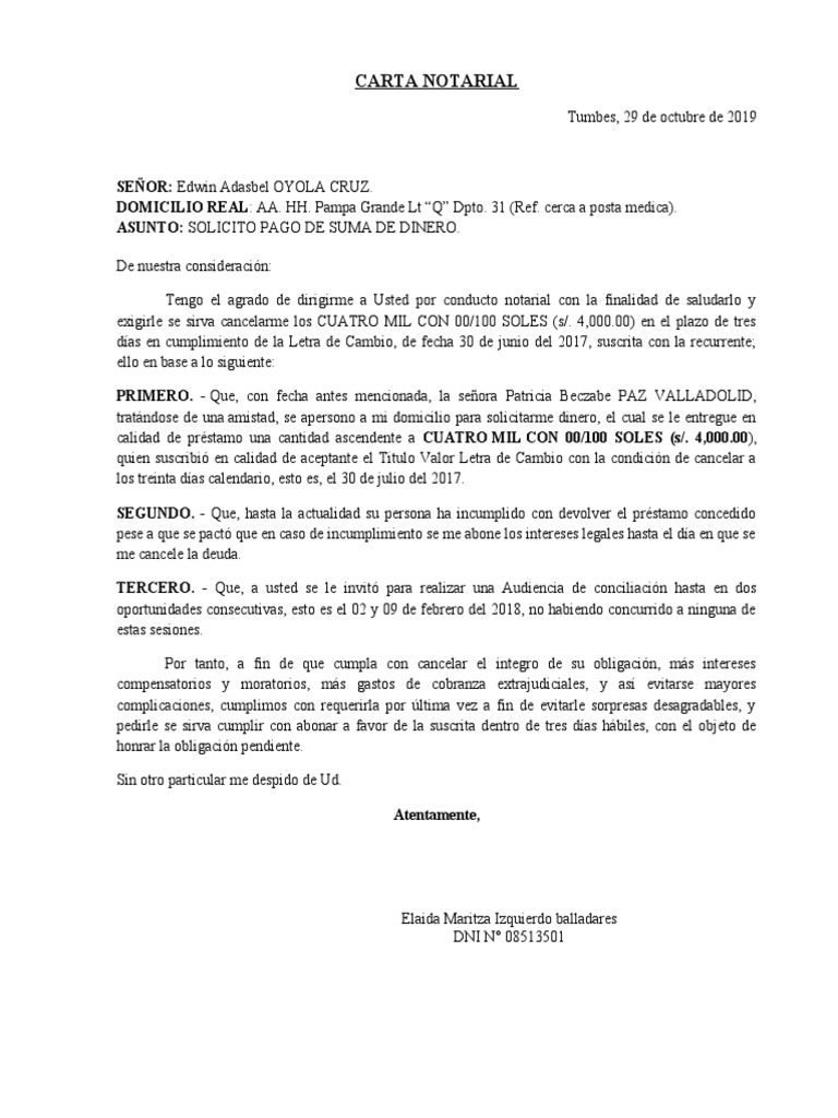Carta Notarial Pago de Suma de Dinero | PDF