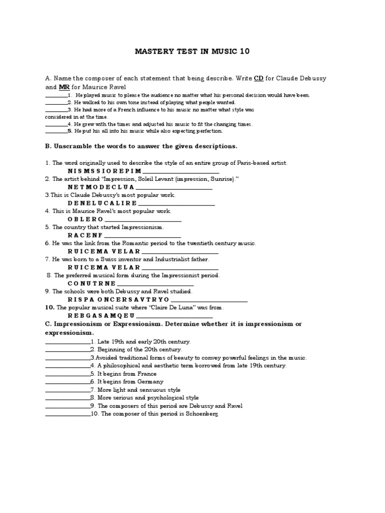 MASTERY TEST IN MUSIC 10 1st Week | PDF | Impressionism | Paintings