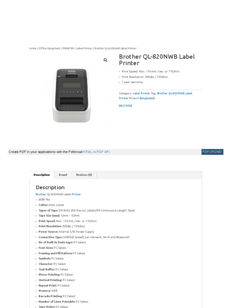 Home / O Ce Equipment / PRINTER / Label Printer / Brother QL-820NWB ...