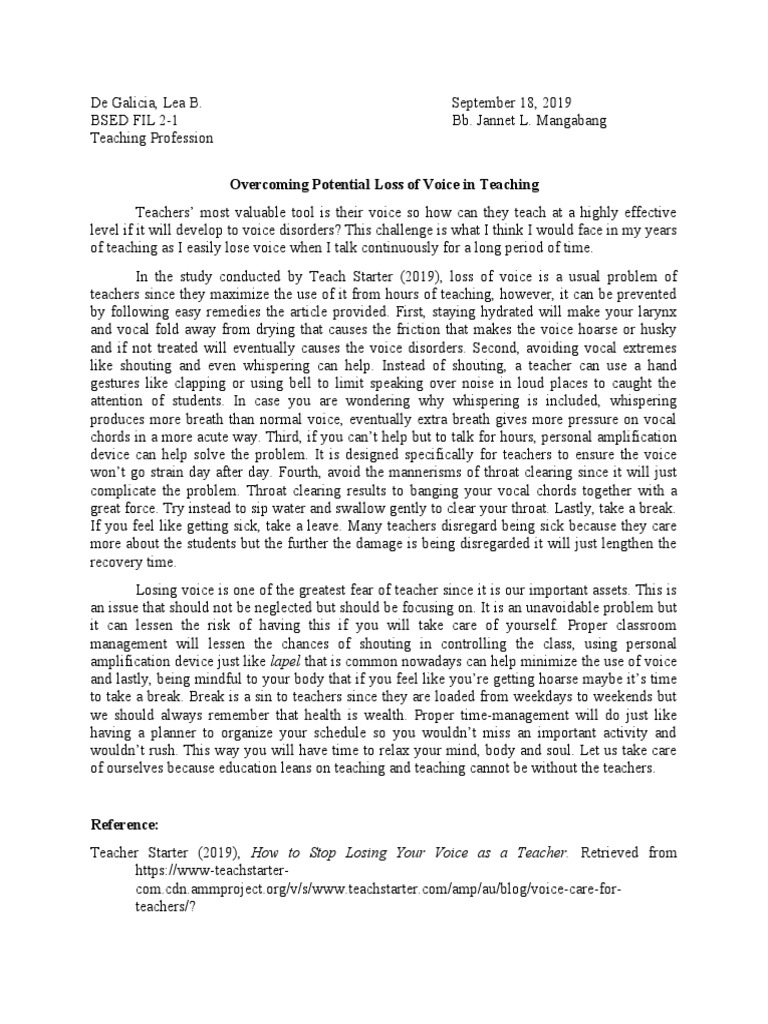 Overcoming Potential Loss of Voice in Teaching | PDF | Human Voice ...