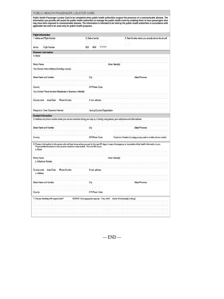 Appendix 13. Public Health Passenger Locator Card | PDF