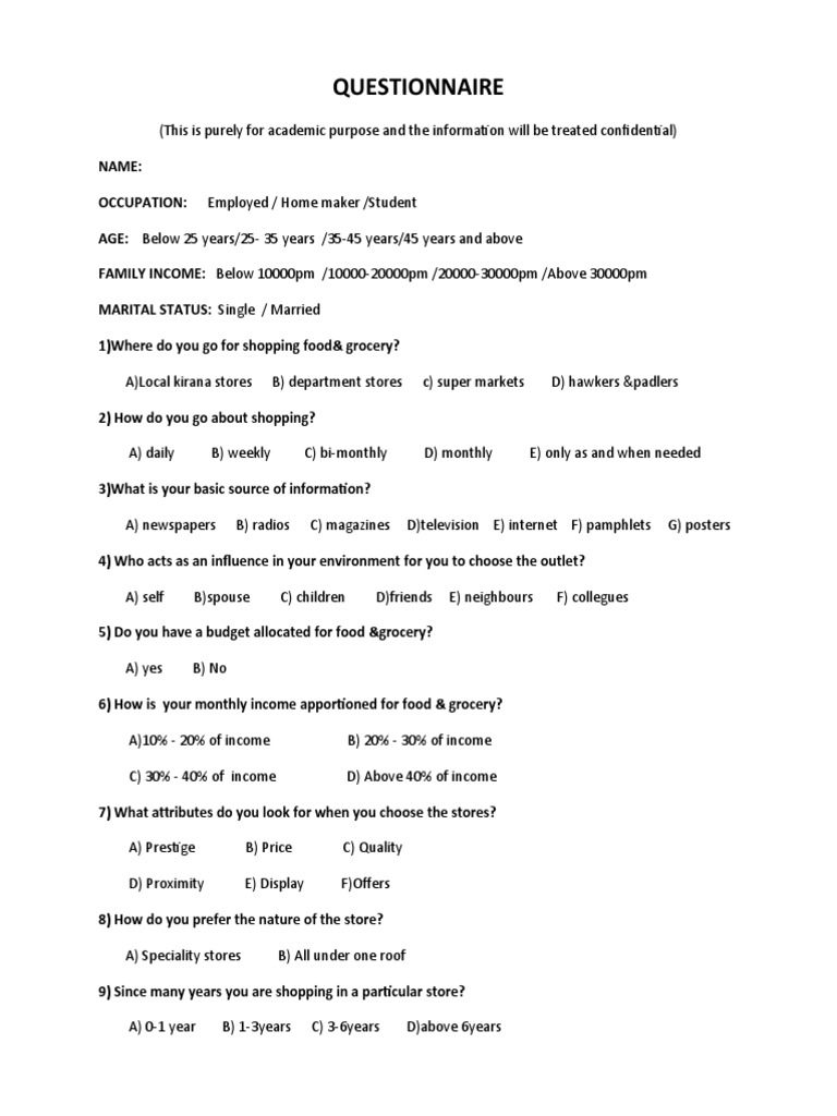 Questionnaire | PDF | Inflation | Grocery Store