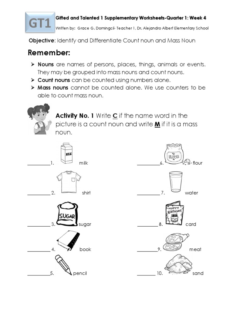 Count vs. Mass Nouns Worksheet | PDF | Cooking, Food & Wine