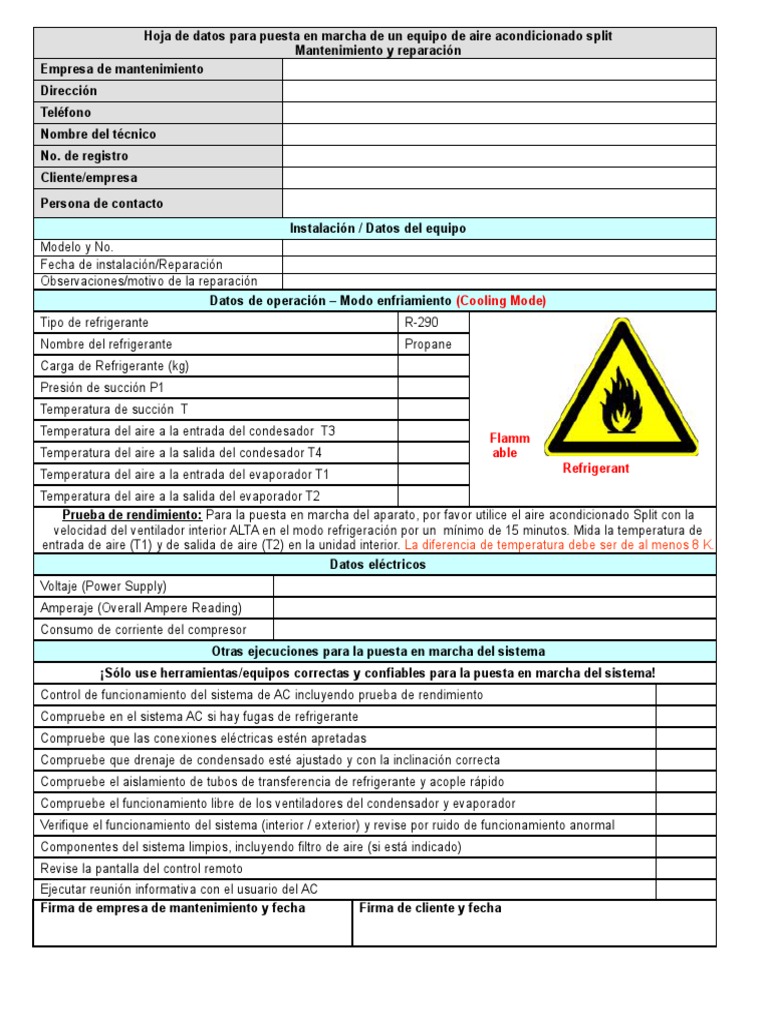 Start Up Data Sheet for Split Air-Español | PDF | Aire acondicionado ...