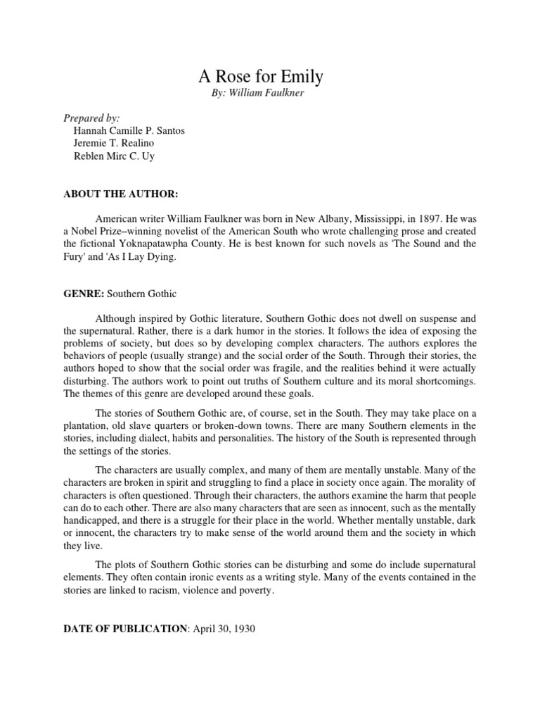 A Rose For Emily Written Report PDF | PDF | Mystery, Thriller & Crime ...