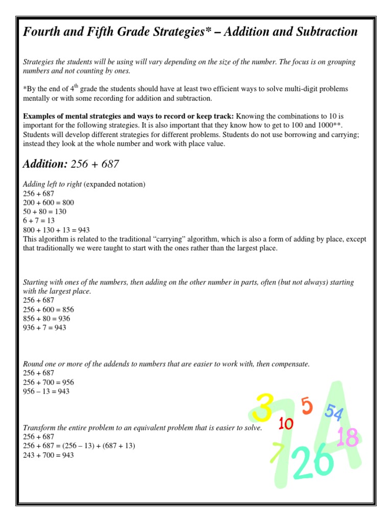 Grade 4-5 Addition & Subtraction Strategies | PDF | Subtraction ...