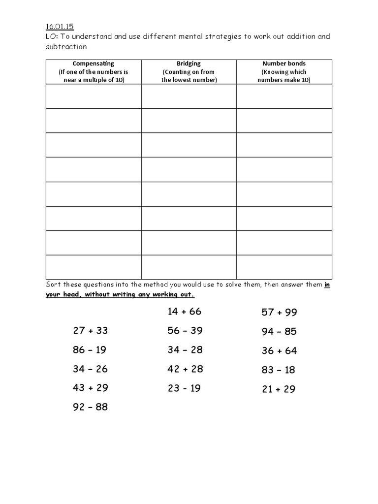 Mental Maths Strategies Sheet | PDF