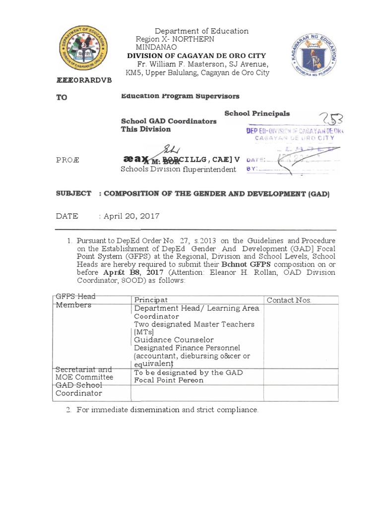 Memo253s2017 Composition of The Gender and Development GAD Focal Point ...