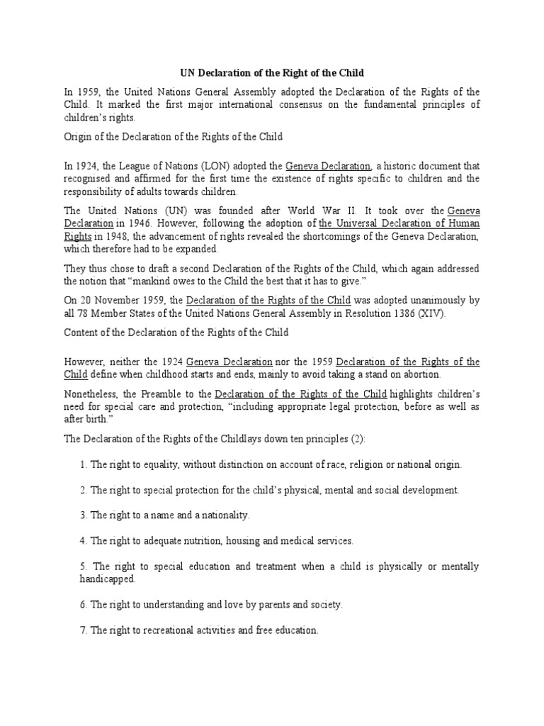 UN Declaration of The Right of The Child | PDF | Children's Rights ...