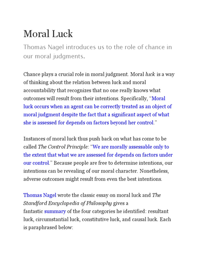 Moral Luck: Thomas Nagel Introduces Us To The Role of Chance in Our ...