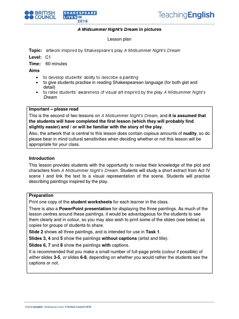 Lesson Plan: Art & A Midsummer Night's Dream | PDF | A Midsummer Night ...