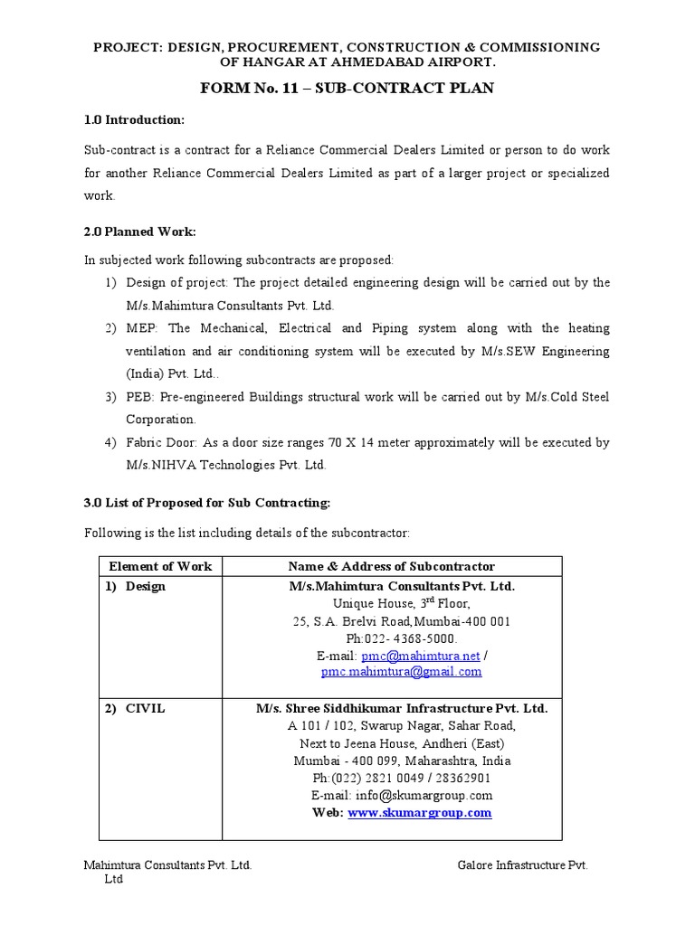 Form No. 11 - Subcontract Plan | PDF | Economic Sectors | Economies