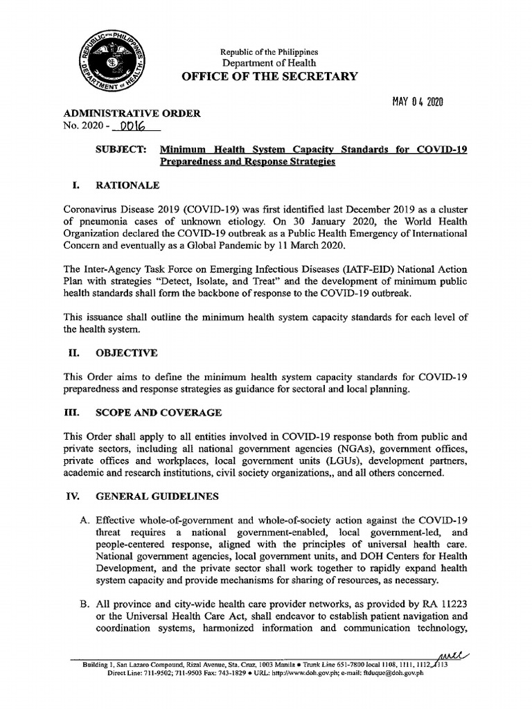DOH Minimum Health System Capacity Standards For COVID-19 Preparedness ...